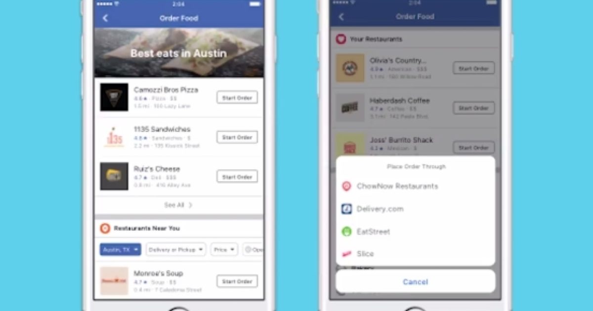 Facebook enables ordering food deliveries from platform