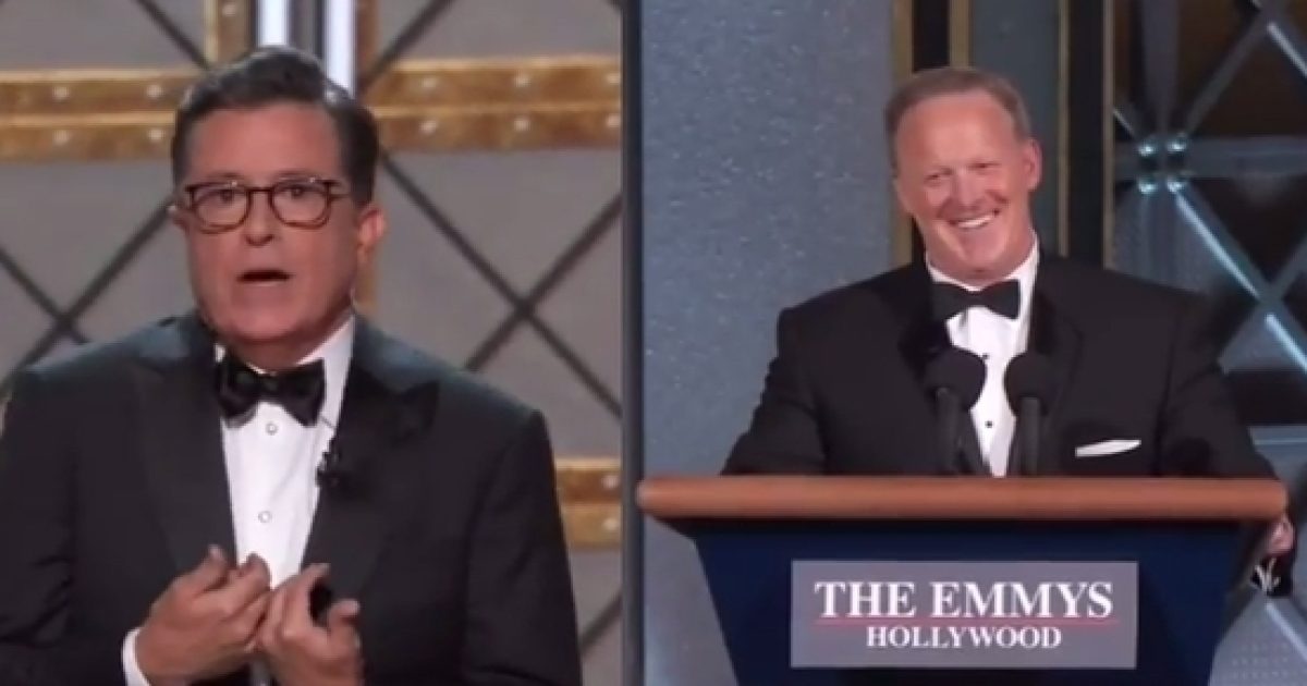 Stephen Colbert shreds Donald Trump during Emmy Awards, Sean Spicer appears